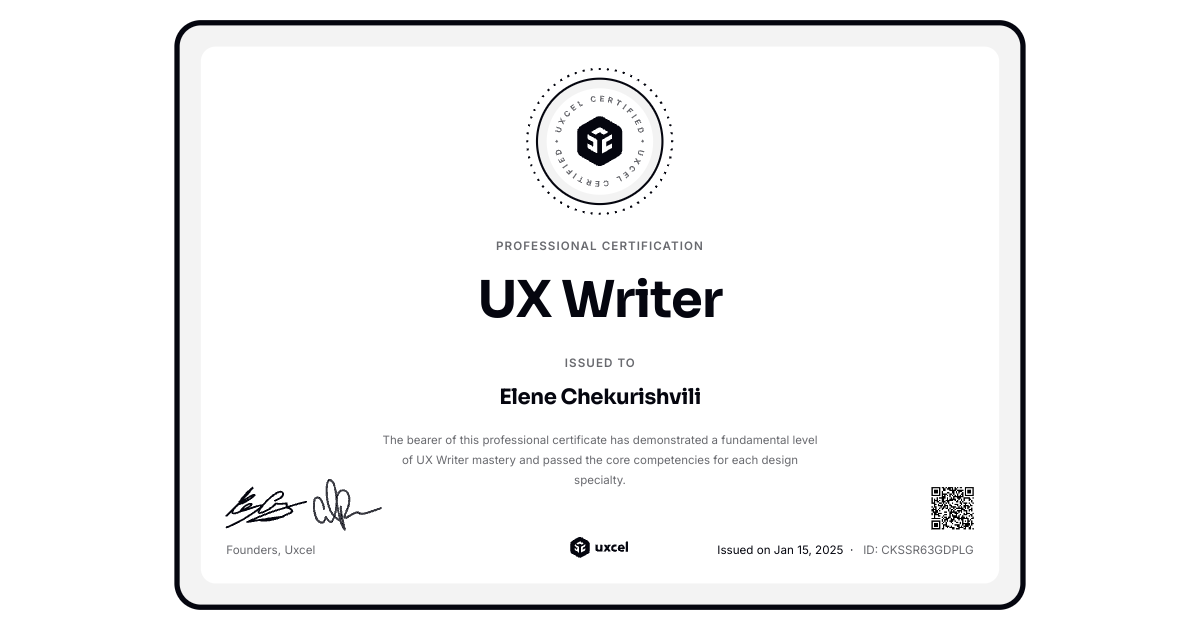 Uxcel Certification Certificate of Completion | Uxcel